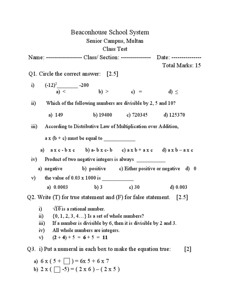 Math Class Test Questions | PDF | Teaching Methods & Materials ...