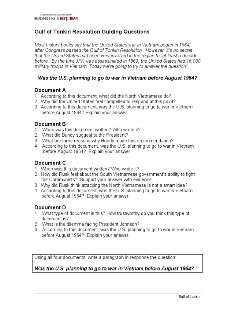 Gulf of Tonkin Resolution Guiding Questions | PDF