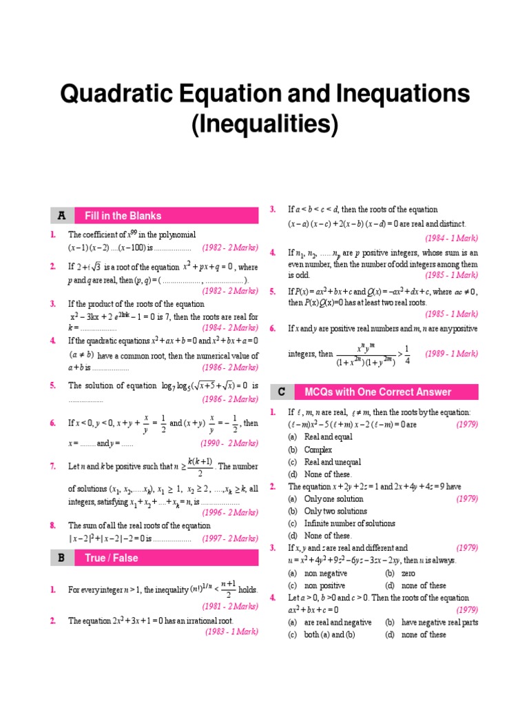 Quadratic Equation and Inequations: Real and Distinct Roots | PDF | Quadratic Equation | Equations