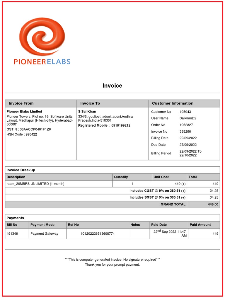 Invoice for Pioneer Elabs Limited | PDF