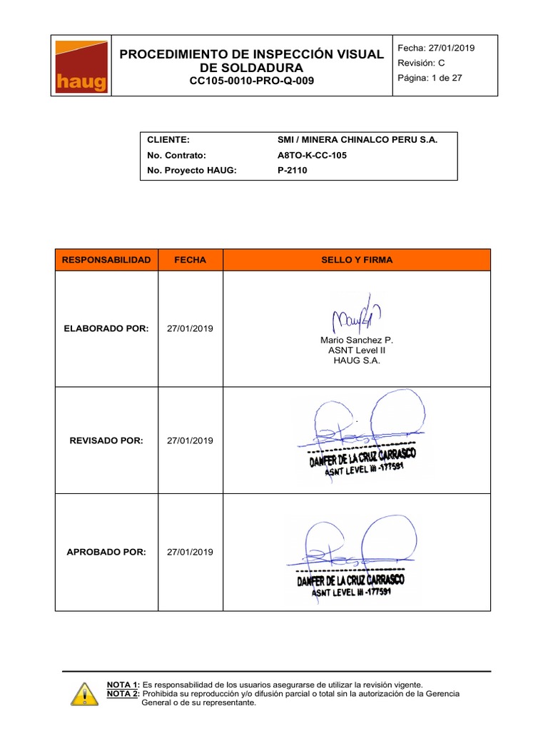 CC105-0010-PRO-Q-009 Rev.C - Procedimiento Inspeccion Visual de Soldad... | PDF | Soldadura ...