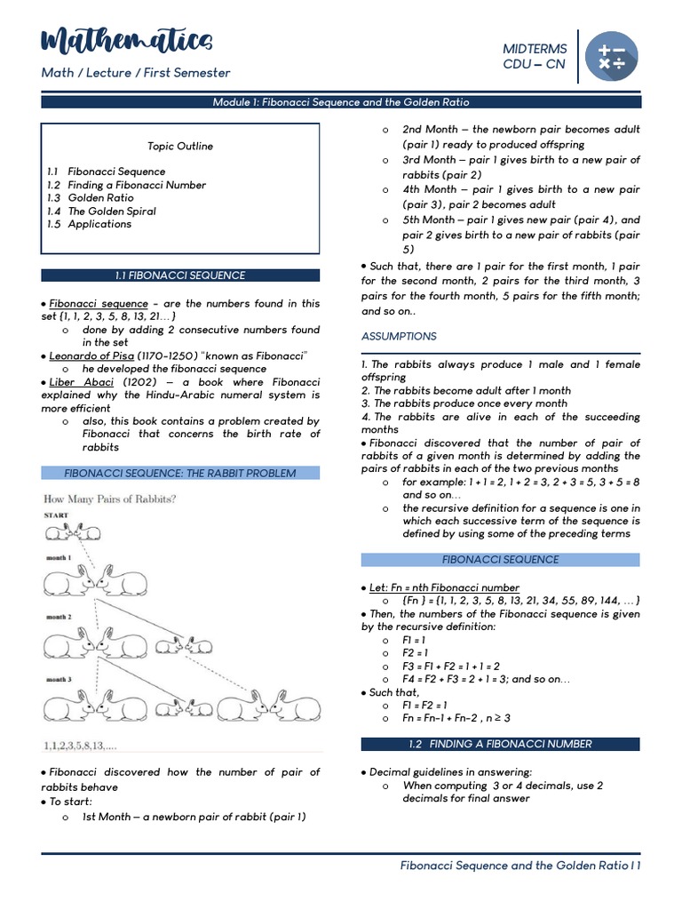 Module 1 - Fibonacci Sequence and The Golden Ratio | PDF