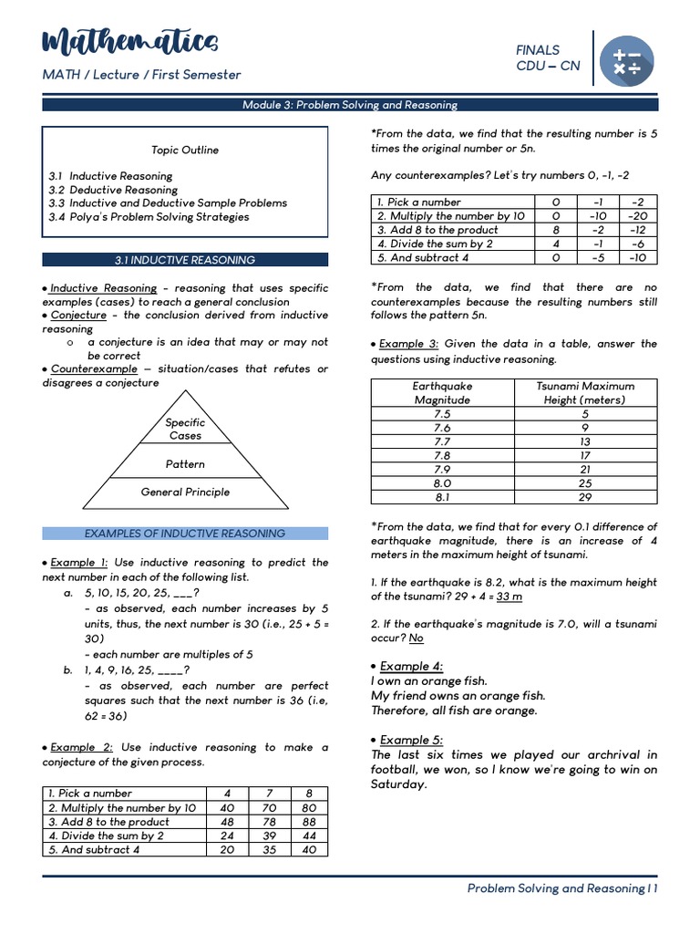 Module 3 - Problem Solving and Reasoning | PDF | Inductive Reasoning | Equations