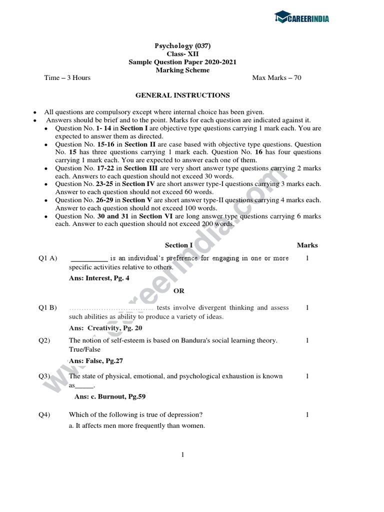 CBSE Class 12 Psychology Marking Scheme Question Paper 2020-21 | PDF ...