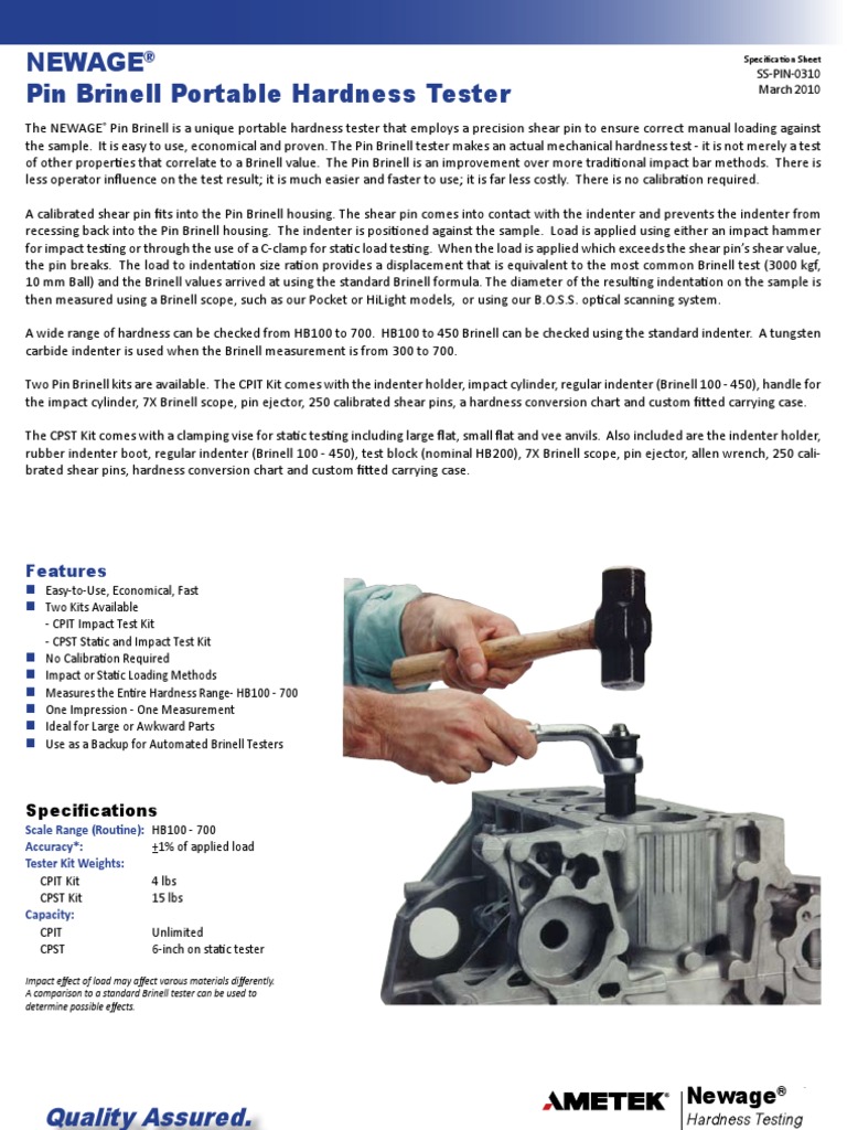 Pin Brinell Hardness Tester Spec Sheet | PDF | Calibration | Hardness