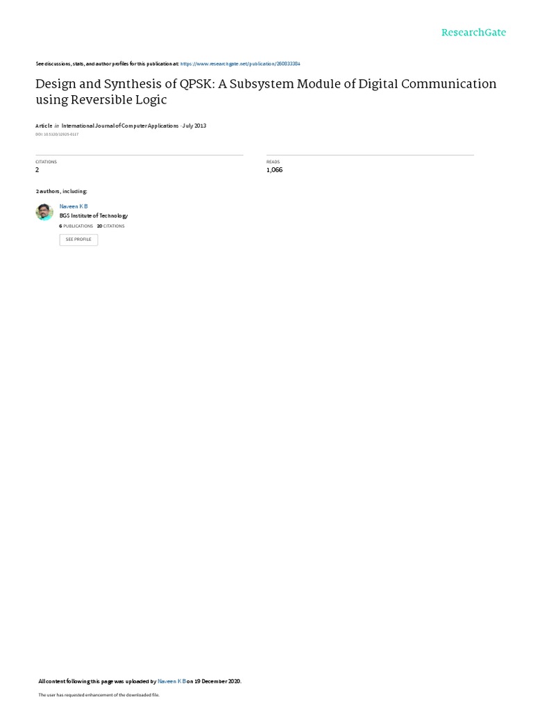 Design and Synthesis of QPSK A Subsystem Module of | PDF | Phase (Waves ...
