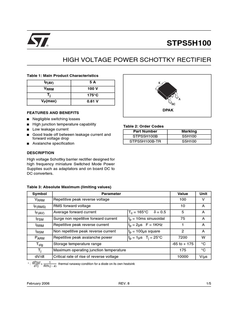 Datasheet ST S5H100 | PDF | Rectifier | Physical Quantities