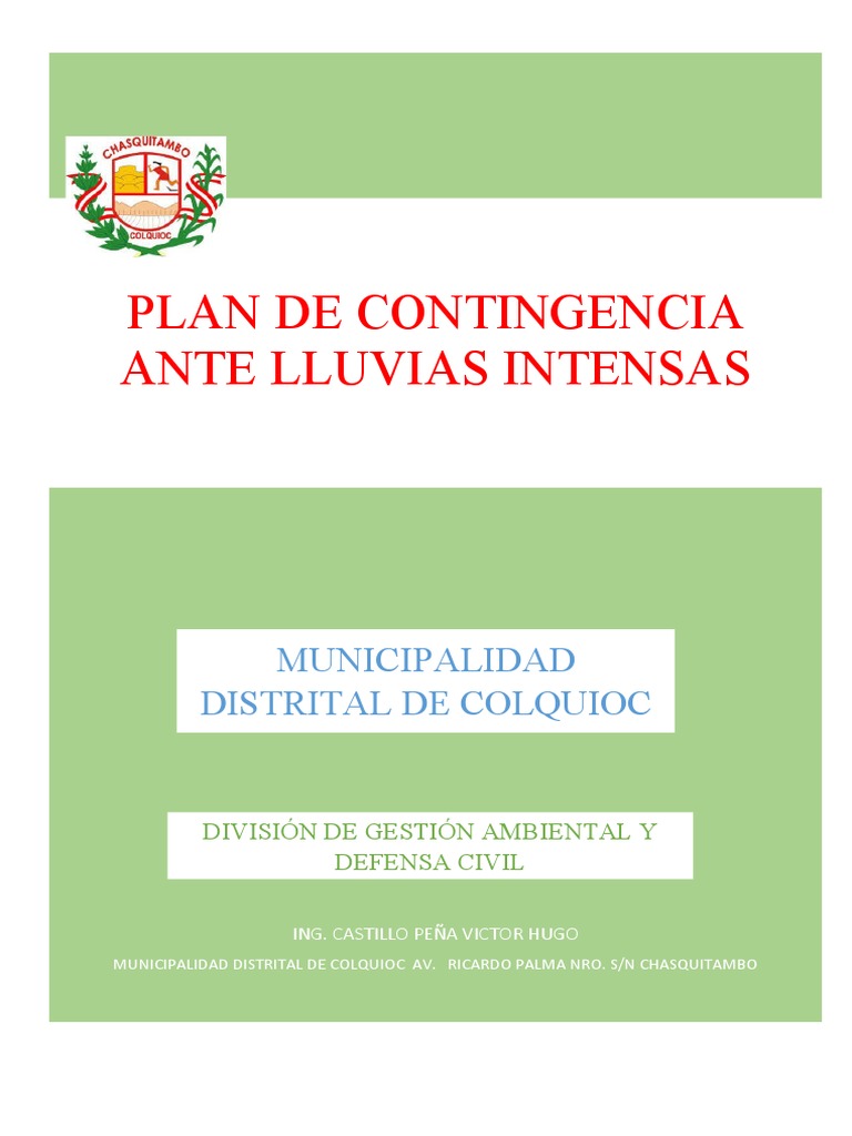Plan De Contingencia Ante Lluvias Intensas Distrito De Colquioc Pdf
