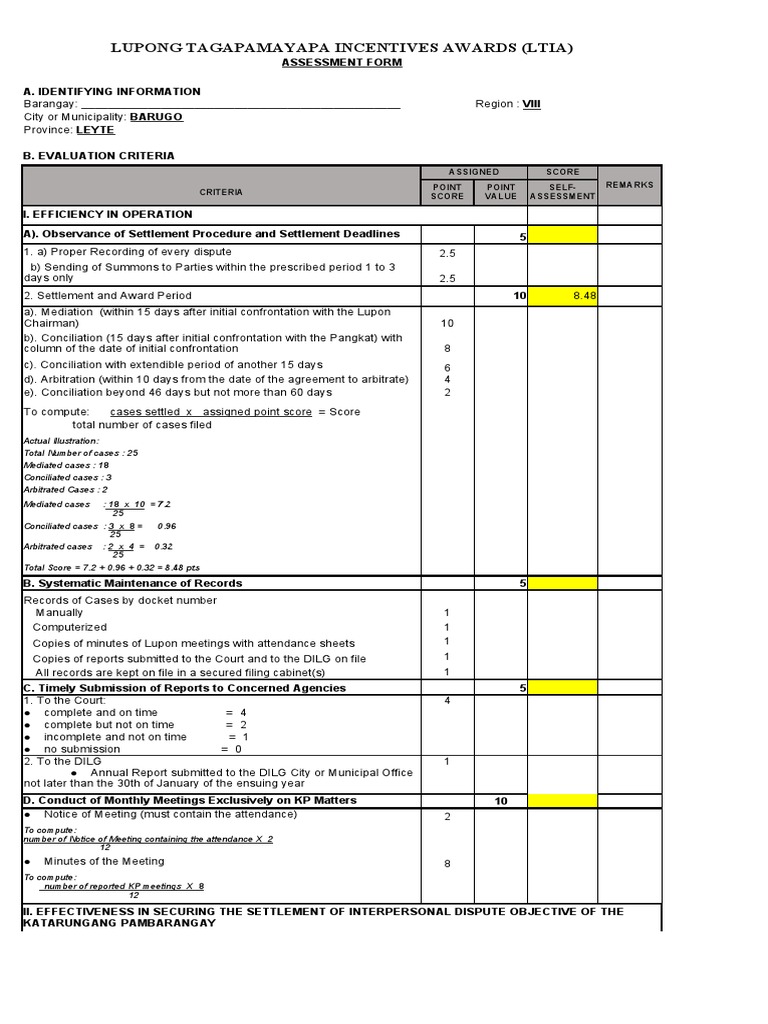 Lupong Tagapamayapa Incentives Awards (Ltia) : Assigned Score Remarks ...