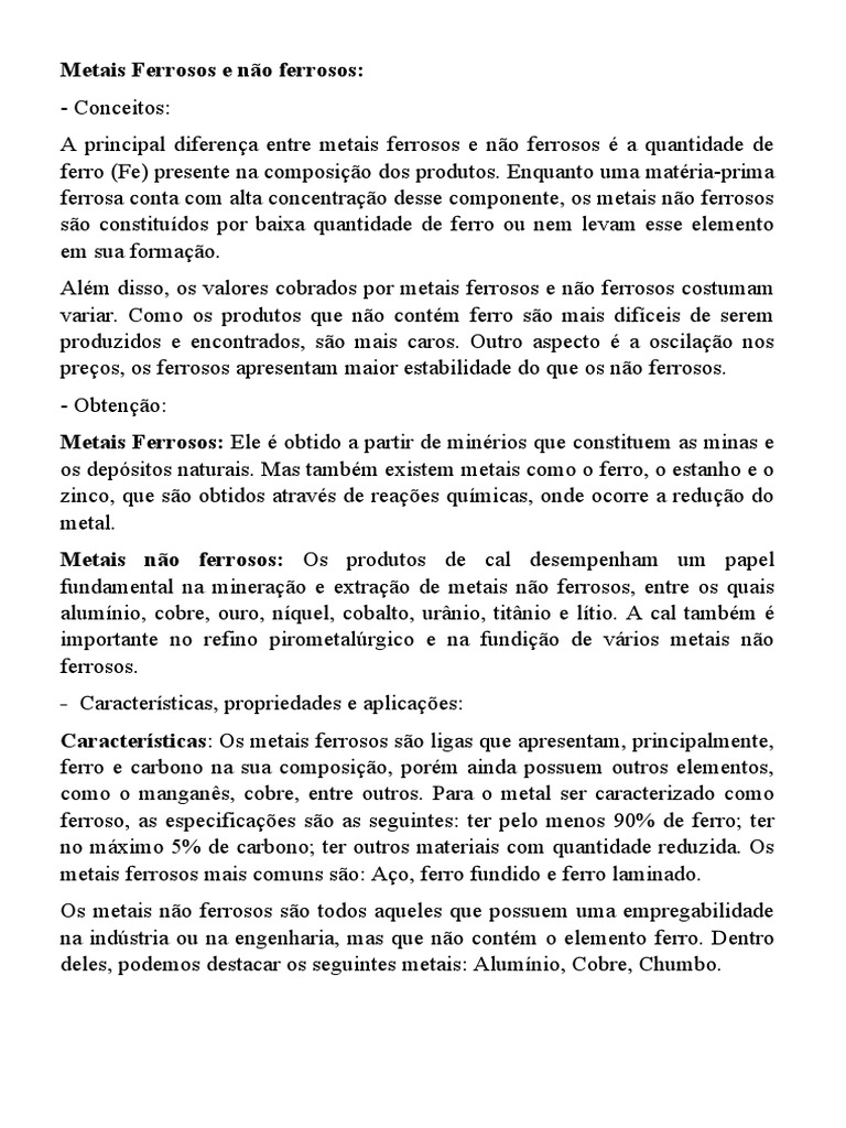 Metais Ferrosos e Não Ferrosos: Características | PDF | Metais ...