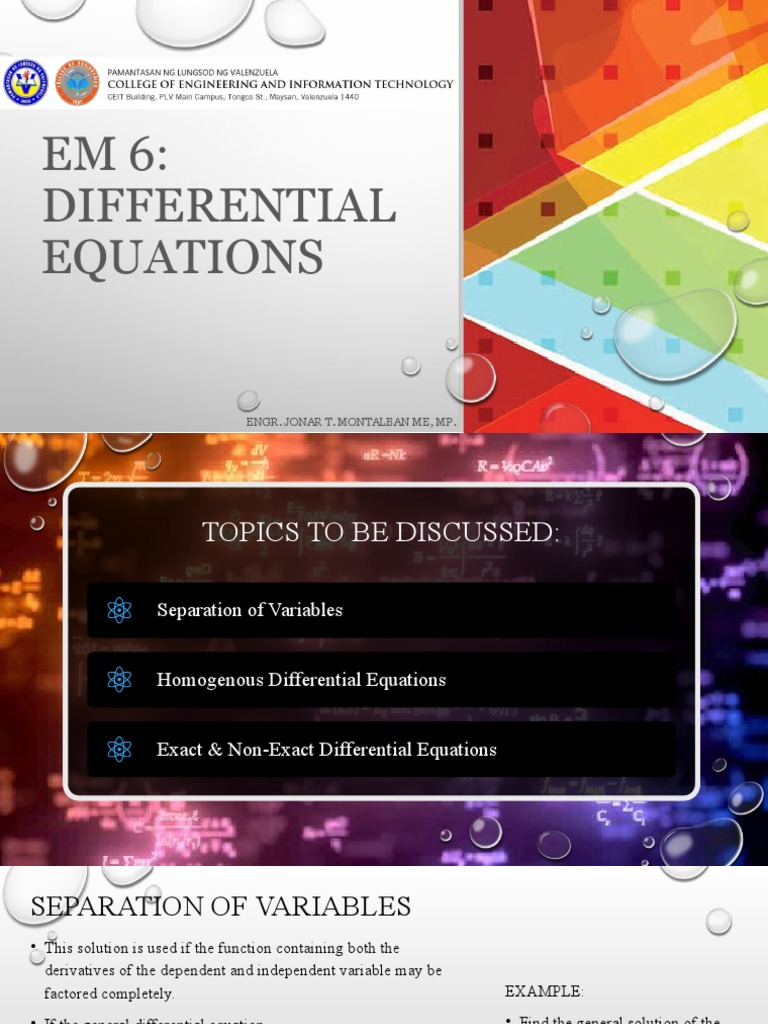 EM 6 FODE Separation of Variables Homogeneous Exact DE | PDF | Equations | Differential Equations