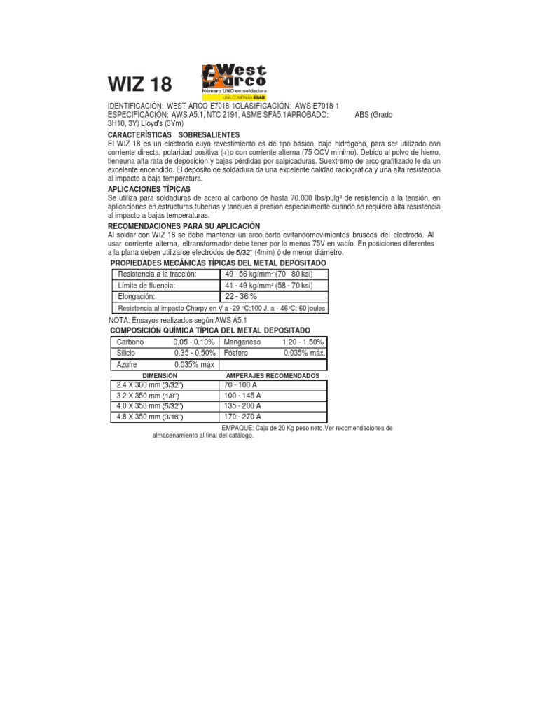 Ficha Tecnica Soldadura WIZ 18 | PDF
