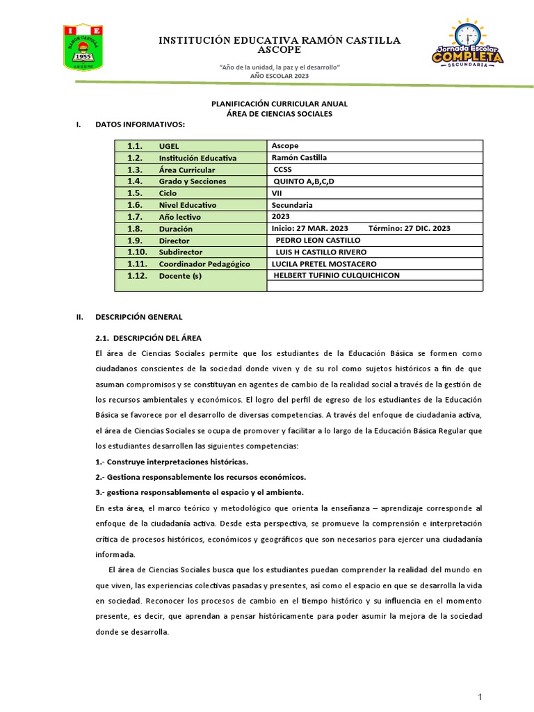 Planificación Curricular Anual 2023 CCSS5 | PDF | Aprendizaje | Sustentabilidad