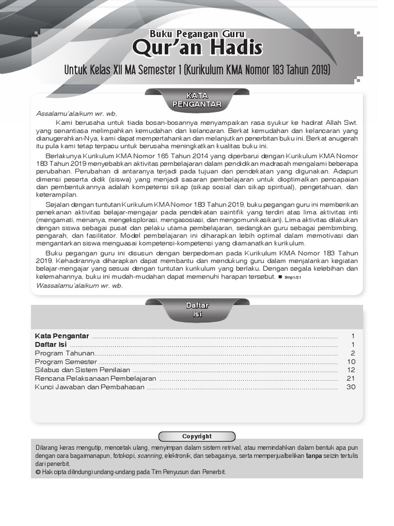 Qur'an Hadis: Untuk Kelas XII MA Semester 1 (Kurikulum KMA Nomor 183 Tahun 2019) | PDF