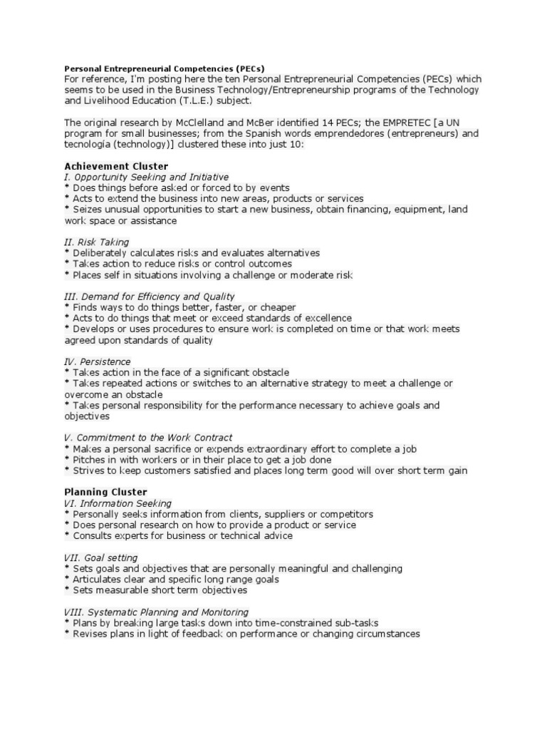 Personal Entrepreneurial Competencies | Entrepreneurship | Goal