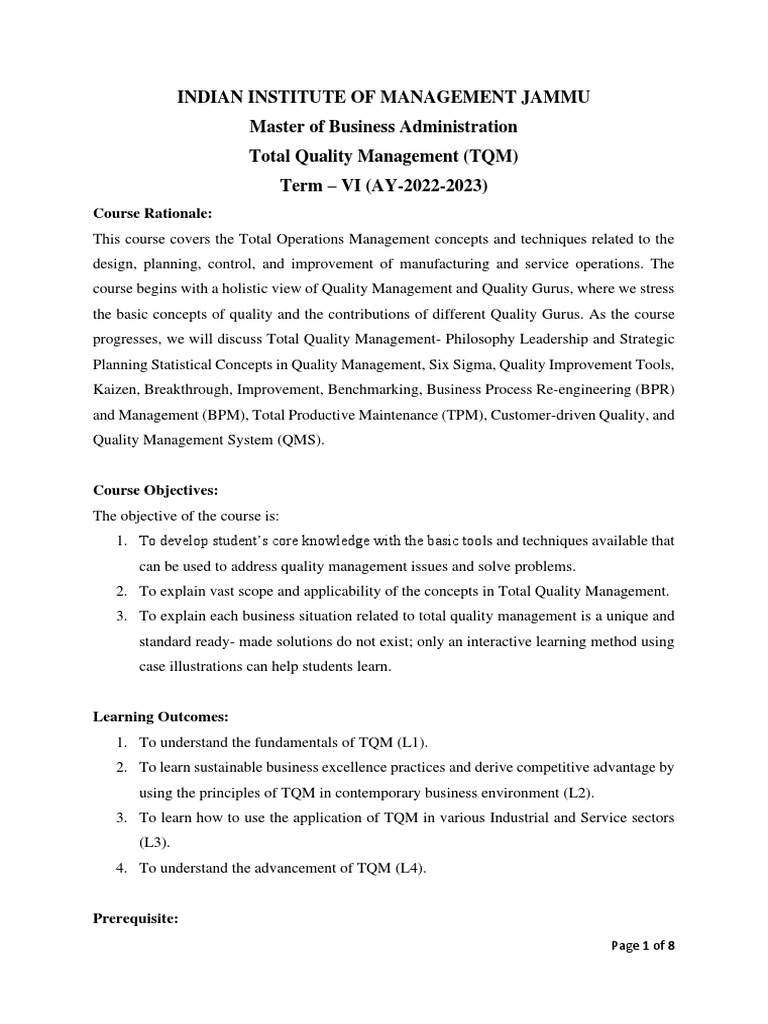 TQM Course Outline MBA | PDF | Quality Management | Six Sigma