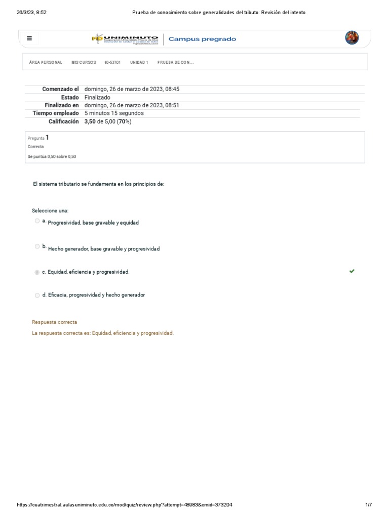 Prueba de Conocimiento Sobre Generalidades Del Tributo - Revisión Del Intento | PDF