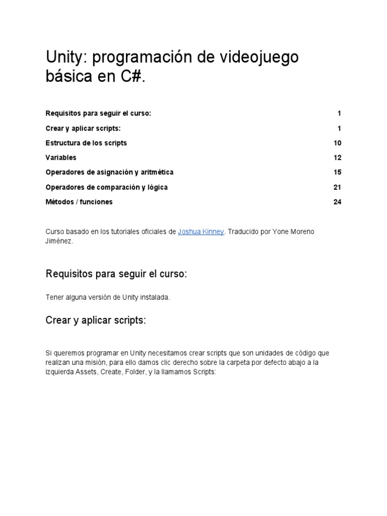 Unity: Programación de Videojuego Básica en C#.: Requisitos para Seguir El Curso | PDF ...