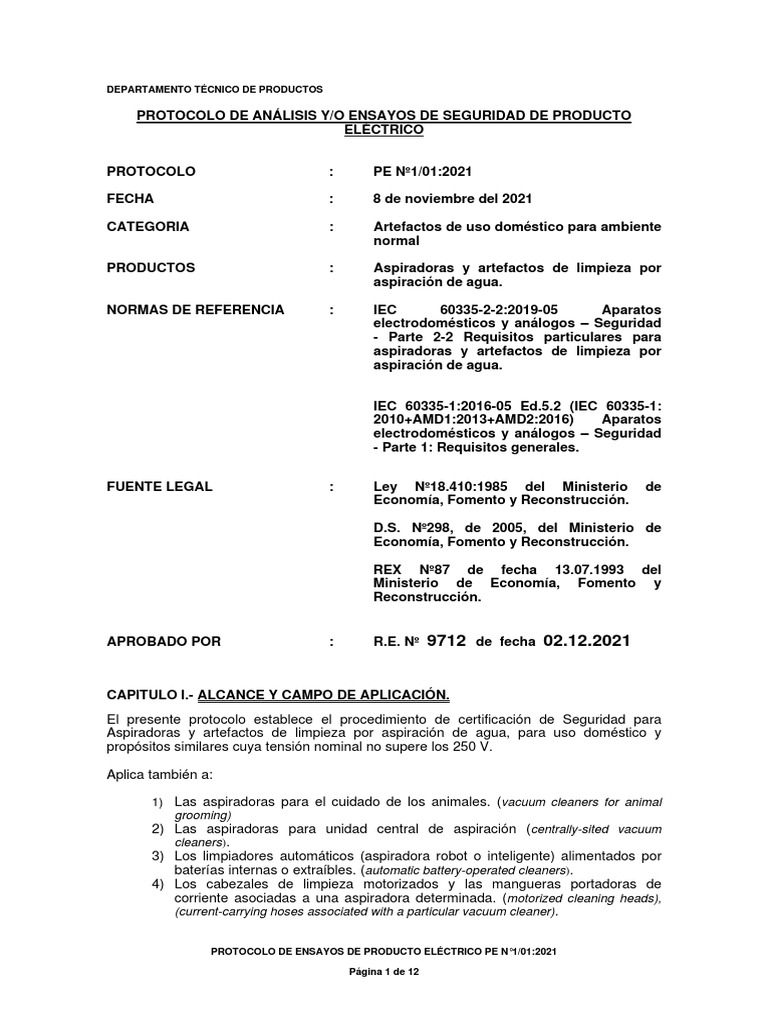 Protocolo Seguridad Aspiradoras 2021 | PDF | Enchufes y tomas de corriente alterna | Resistor