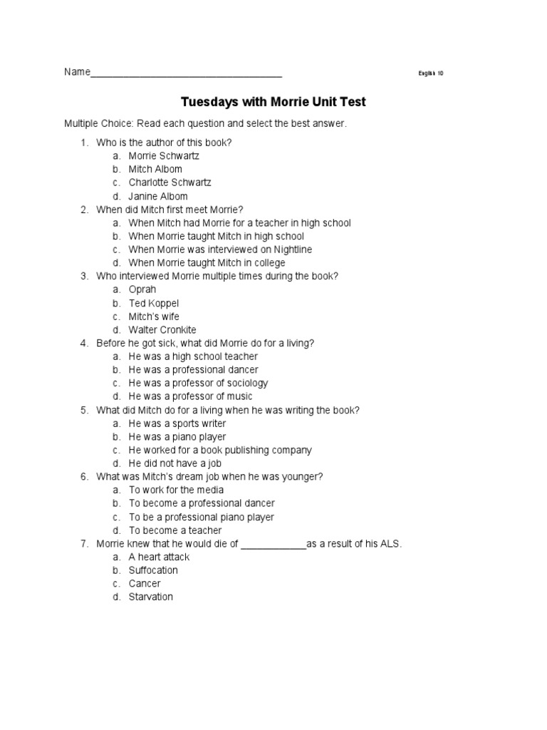 Tuesdays with Morrie Unit Test | PDF | Mystery, Thriller & Crime Fiction