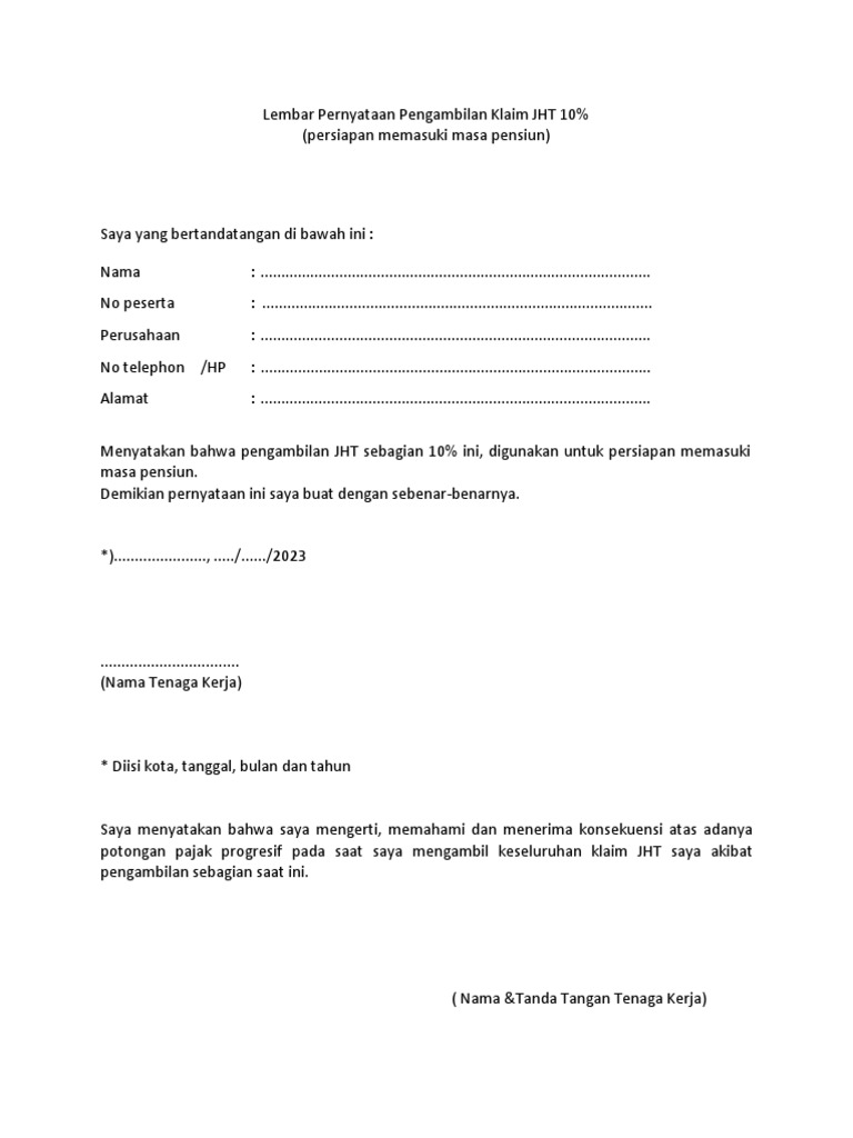 Contoh Lembar Pernyataan Pengambilan Klaim JHT 10% | PDF