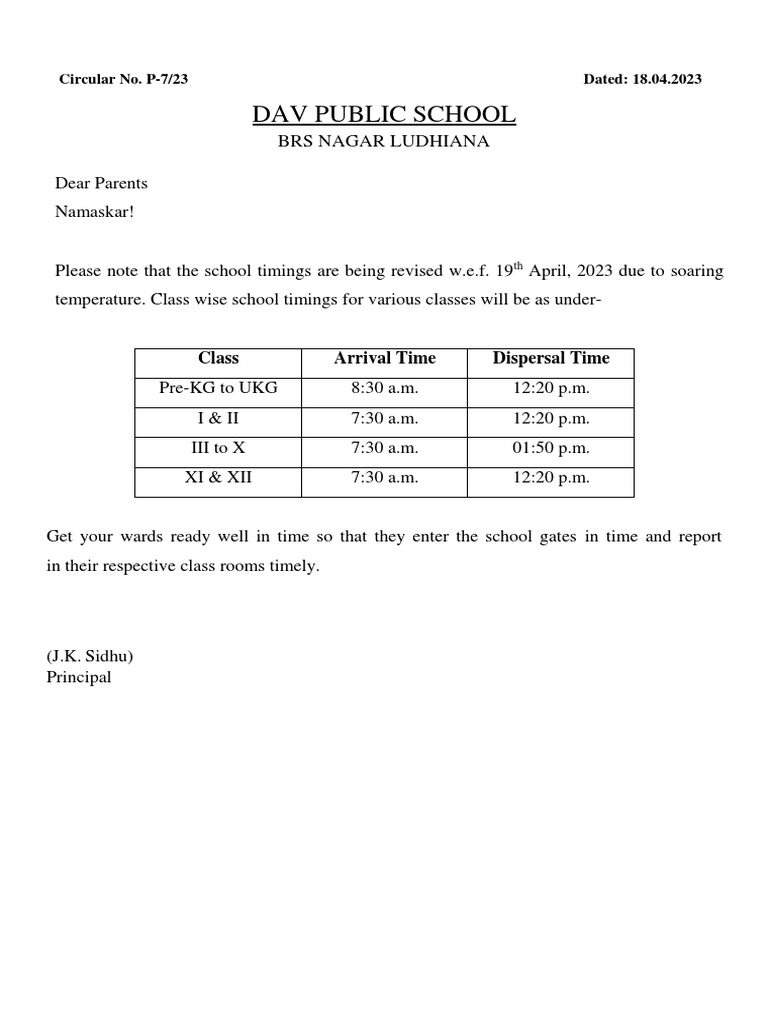 Dav Public School: Class Arrival Time Dispersal Time | PDF