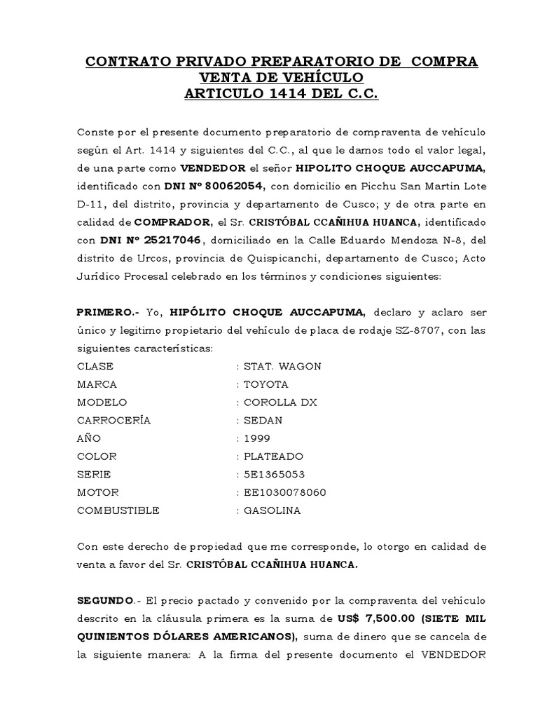 Contrato Preparatorio de Compra Venta de Vehiculo | PDF | Justicia | Crimen y violencia