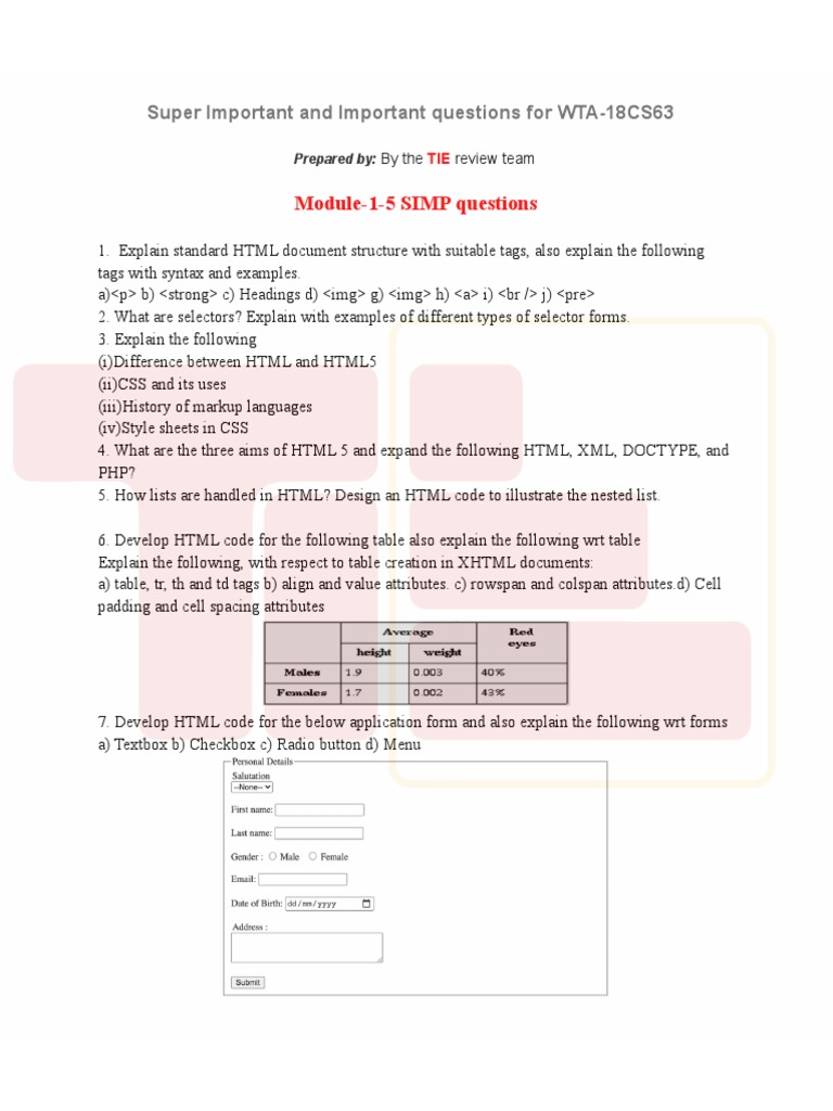 WTA-18CS63 SIMP questions HTML CSS JS PHP | PDF