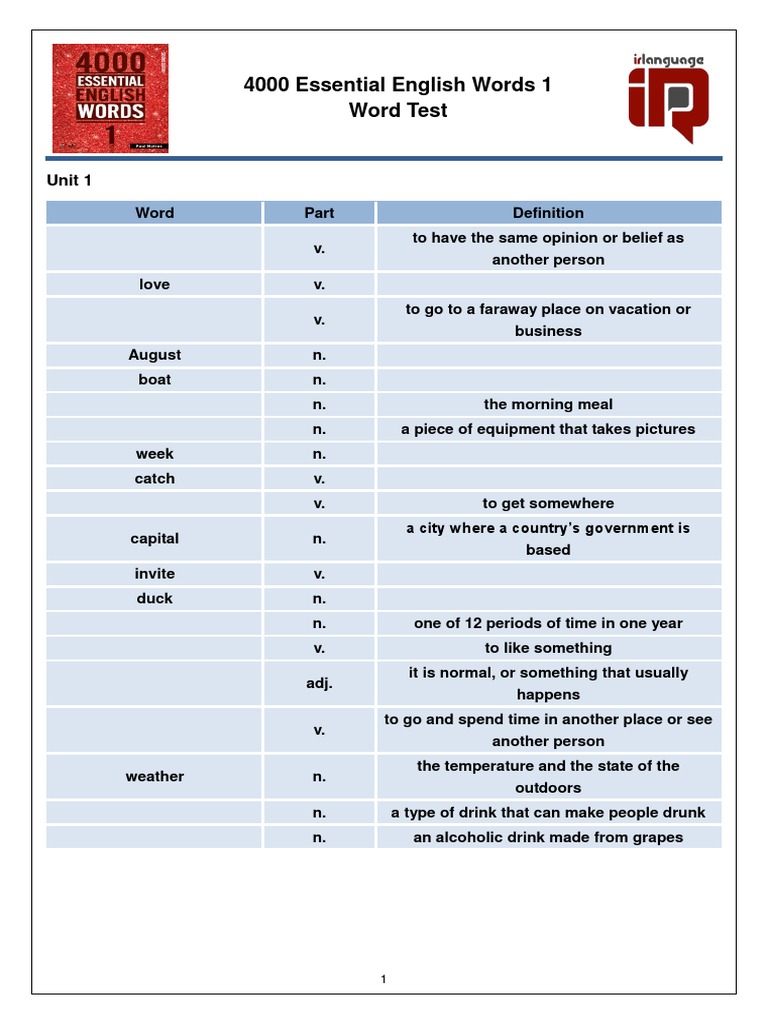 4000 Essential English Words Test Guide | PDF