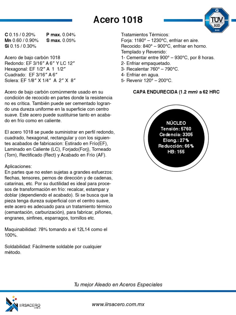Ficha Técnica Acero 1018 Iirsacero | PDF | Tratamiento a base de calor | Acero