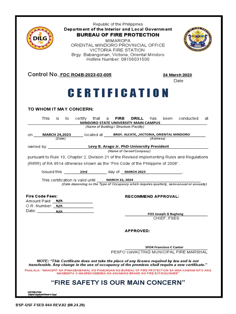 Fire Drill Certification Document | PDF | Fire Safety | Justice