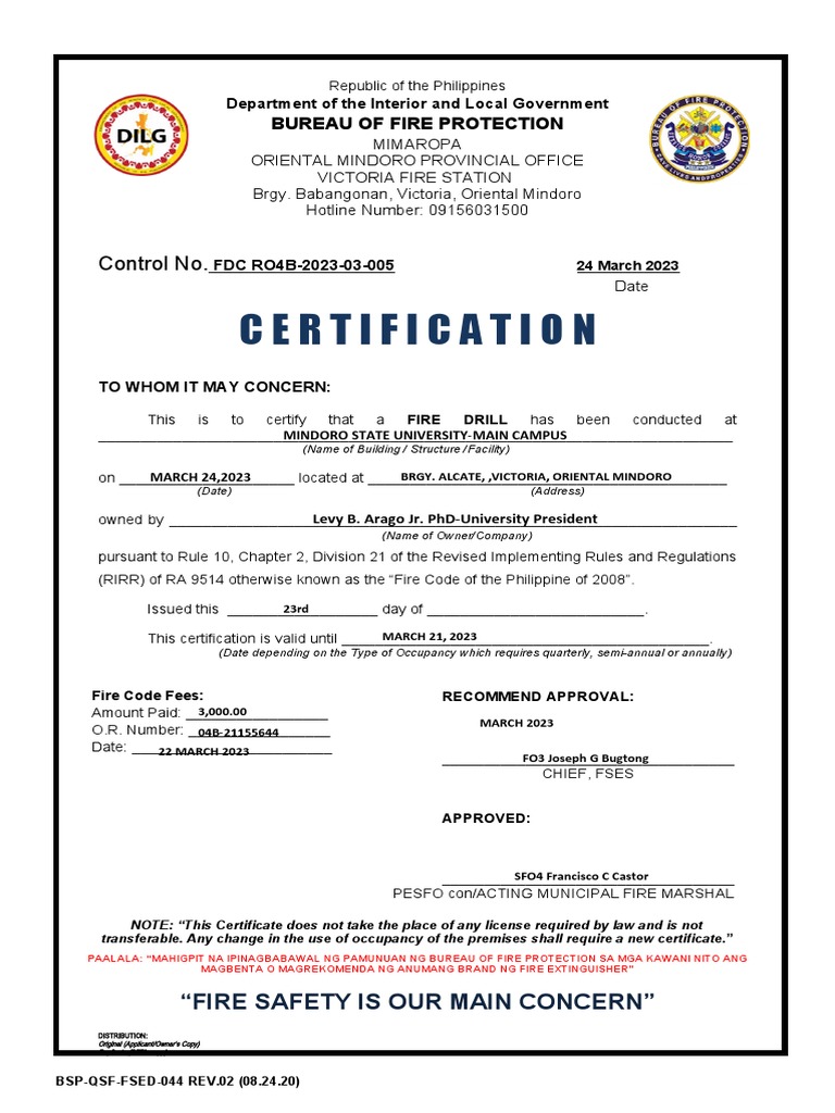 Fire Drill Certificate-Minsu | PDF