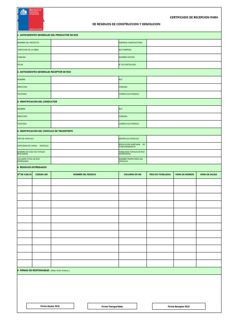 ANEXO N°1- Certificado Recepcion RCD | PDF