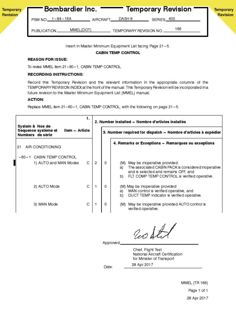 Bombardier Inc. MMEL revisions | PDF | Flight Test | Aircraft Flight ...