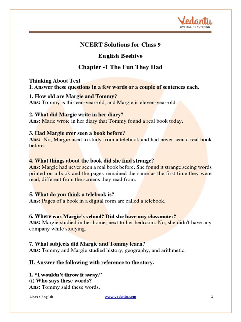 Class 9 English Beehive - The Fun They Had | PDF | Teachers | Books