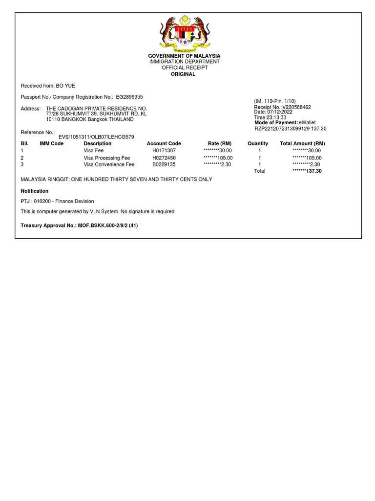 Malaysia eVISA Receipt - BO - YUE | PDF