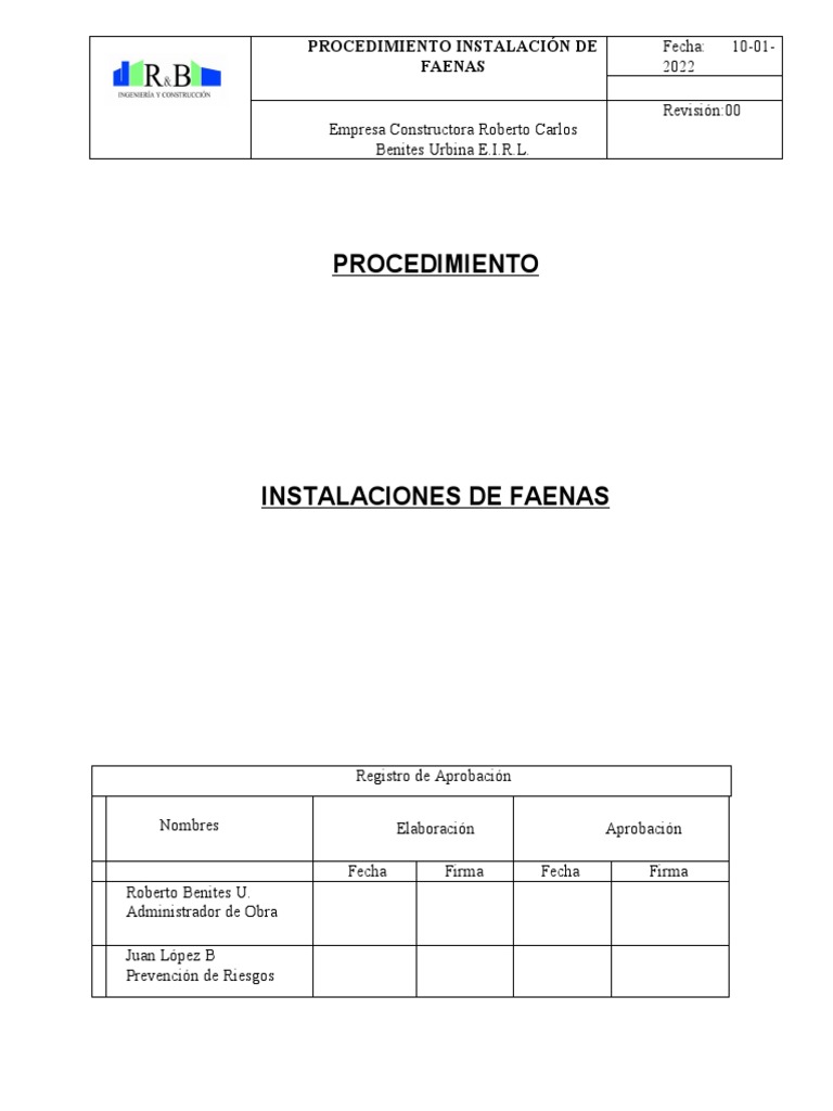 Procedimiento Instalación de Faena | PDF | Agua | Peatonal