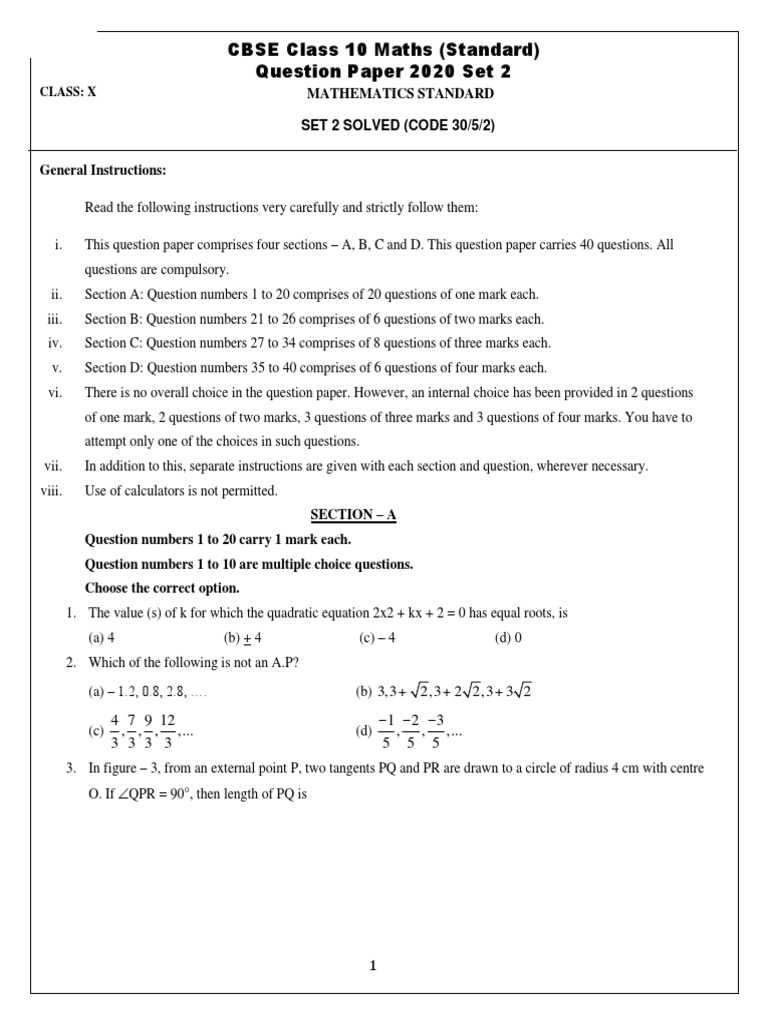 CBSE Class 10 Maths (Standard) Question Paper 2020 Set 2 | PDF | Circle ...