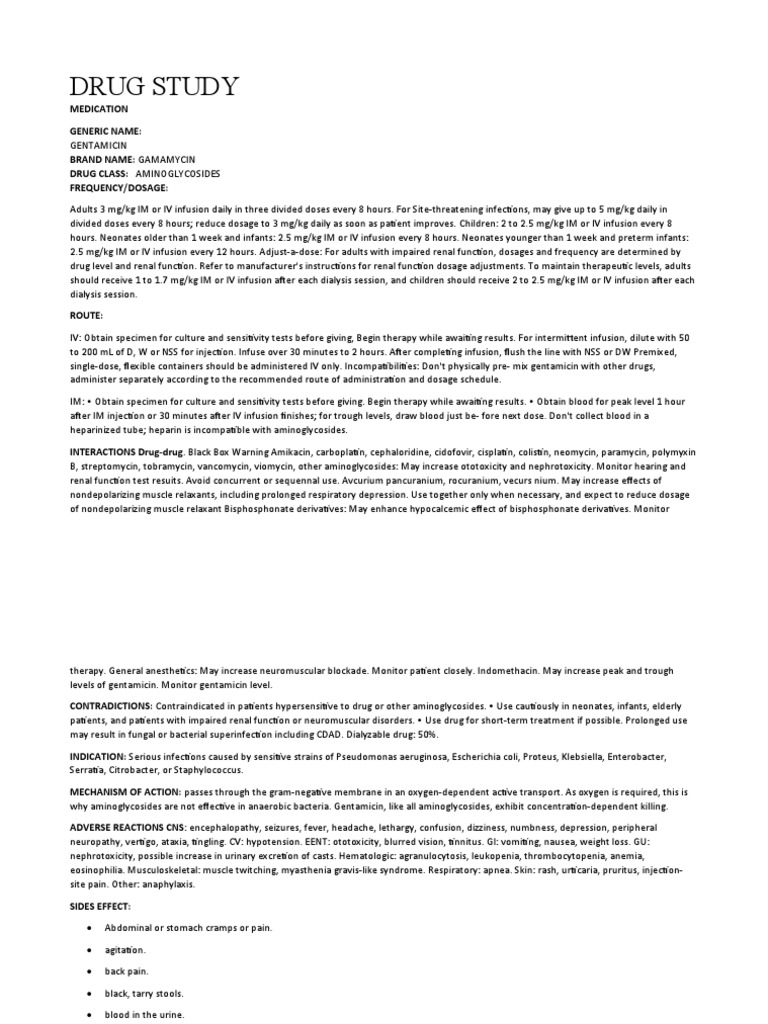 Drug Study Gentamicin | PDF | Diseases And Disorders | Pharmacology