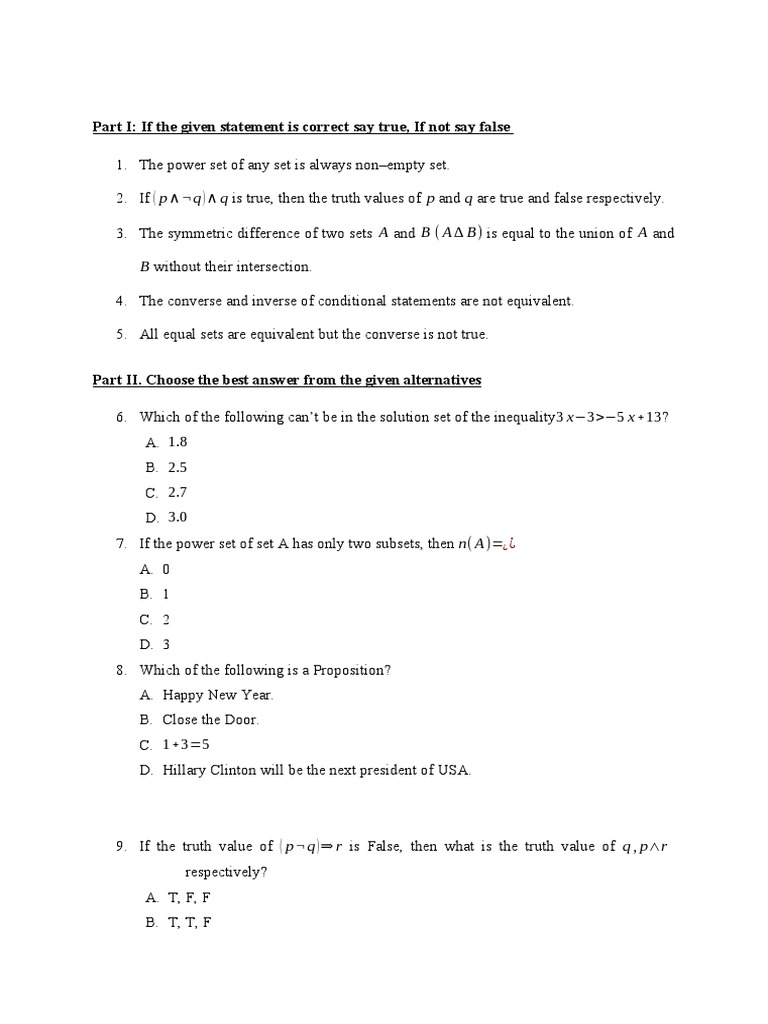 Propositional Logic And Set Theory Sample Exam Pdf Truth Logic