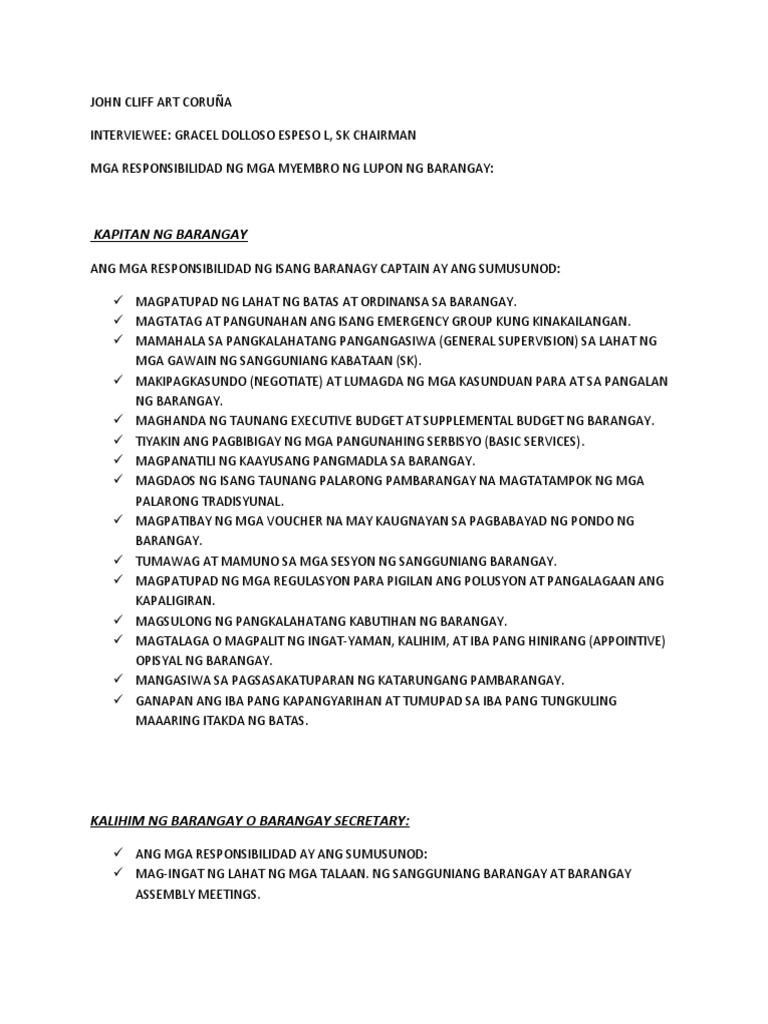 Tungkulin ng mga Opisyal ng Barangay | PDF