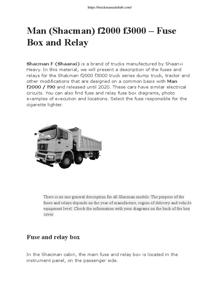Man (Shacman) f2000 f3000 - Fuse Box and Relay | PDF | Truck | Relay