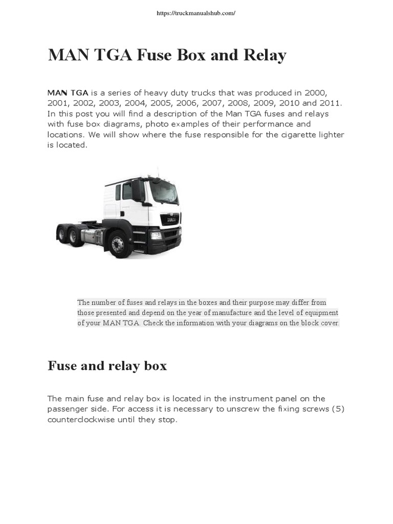 MAN TGA Fuse Box and Relay Guide | PDF | Power Supply | Fuse (Electrical)
