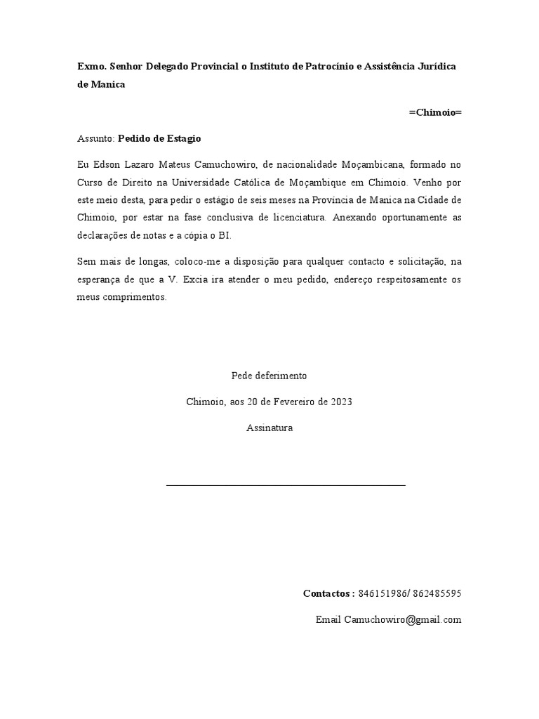 Exmo. Senhor Delegado Provincial o Instituto de Patrocínio e ...