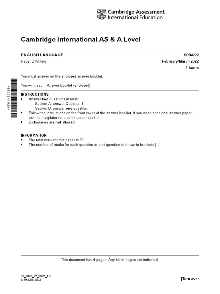 Cambridge International AS & A Level: 9093/22 English Language | PDF