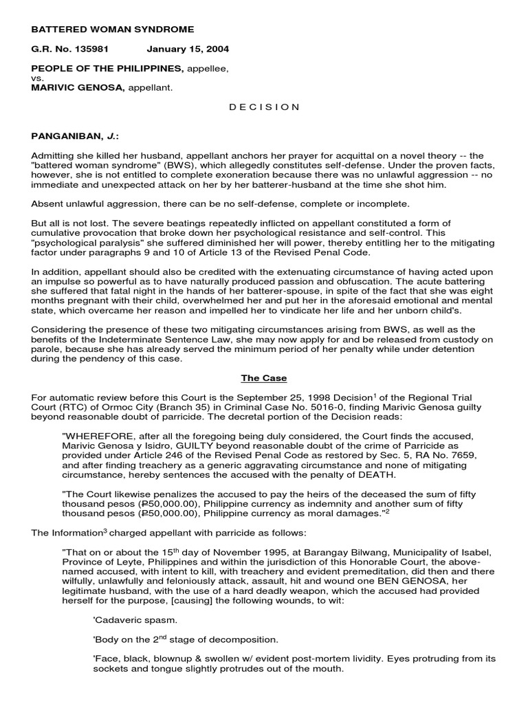 Battered Woman Syndrome G.R. No. 135981 January 15, 2004 People of The ...