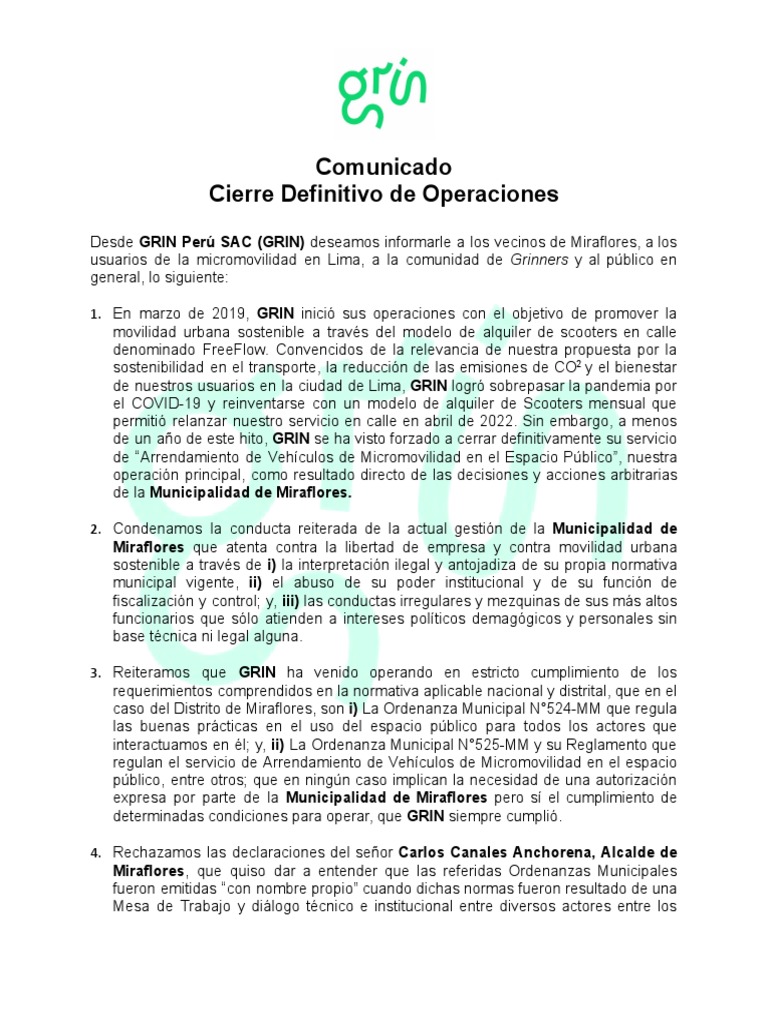 Cierre Definitivo de Operaciones de Grin en Perú | PDF