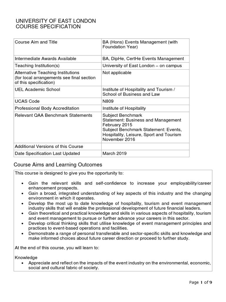 Course Specification - Ba Hons Events Management With Foundation Year ...