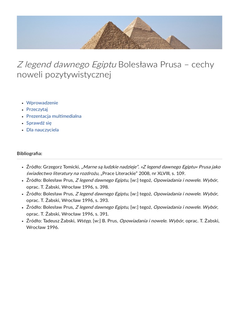 Z Legend Dawnego Egiptu: Bolesława Prusa - Cechy Noweli Pozytywistycznej | PDF