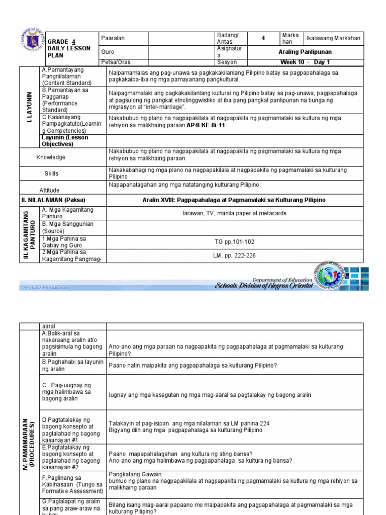 Grade 4 Daily Lesson Plan 4 Araling Panlipunan Week 10 - Day 1 | PDF
